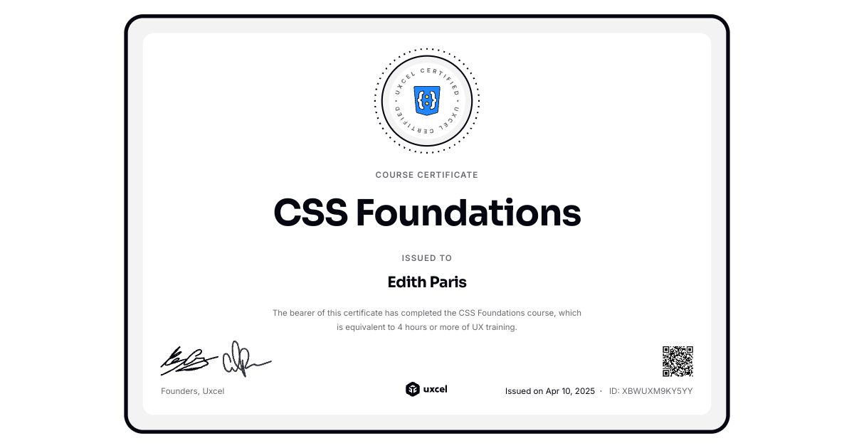 Certificate of completion for CSS Foundations | Uxcel